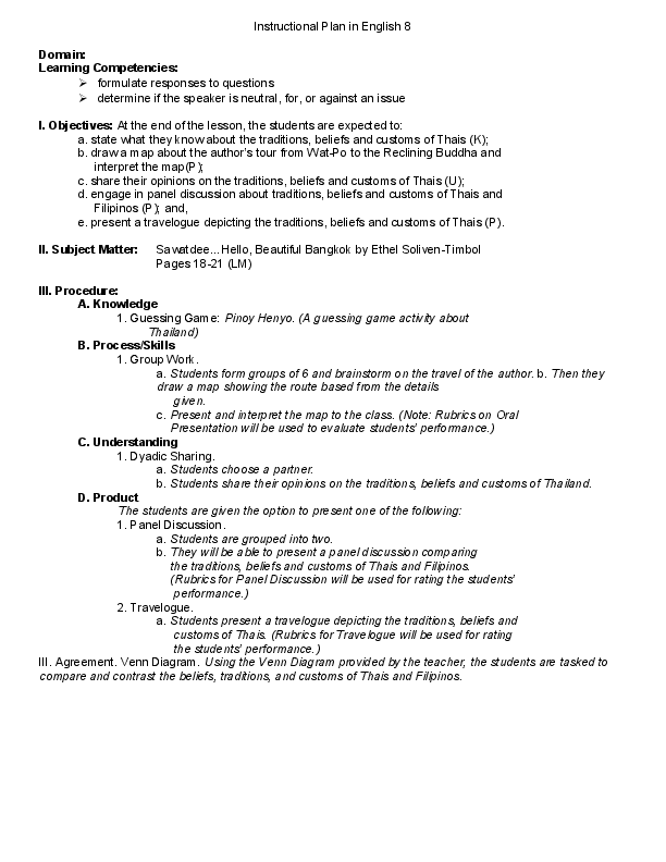 (DOC) Instructional Plan in English 8