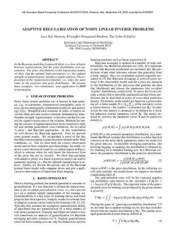(PDF) ADAPTIVE REGULARIZATION OF NOISY LINEAR INVERSE PROBLEMS