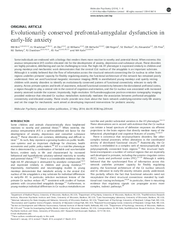 (PDF) Evolutionarily-conserved prefrontal-amygdalar dysfunction in ...