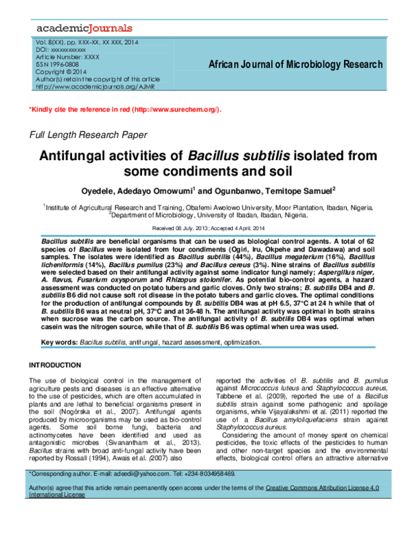 (PDF) Antifungal activities of Bacillus subtilis isolated from some ...