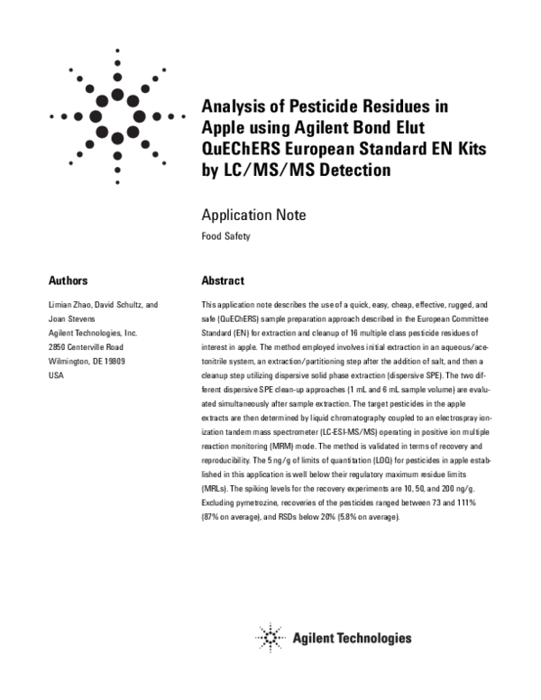 (PDF) Analysis of Pesticide Residues in Apple using Agilent SampliQ QuEChERS European Standard ...