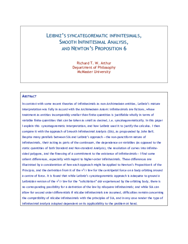 (PDF) LEIBNIZ'S SYNCATEGOREMATIC INFINITESIMALS, SMOOTH INFINITESIMAL ...