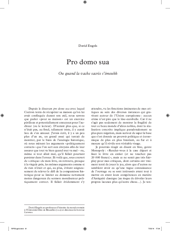(PDF) Pro domo sua. Ou, quand la vache sacrée s'émeuhh, dans: Le débat 179, mars-avril 2014, 81-91.