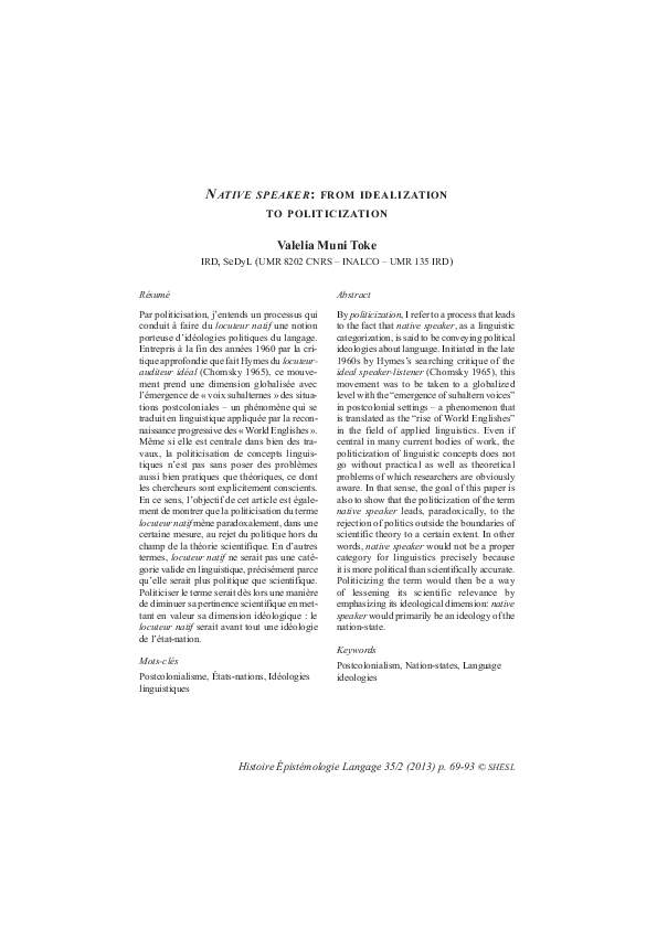 (PDF) Native speaker: from idealization to politicization