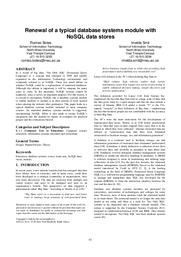 (PDF) Renewal of a typical database systems module with NoSQL data stores