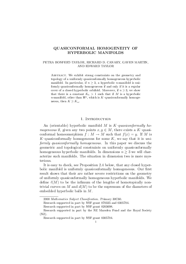 (PDF) Quasiconformal homogeneity of hyperbolic manifolds | Gaven Martin ...