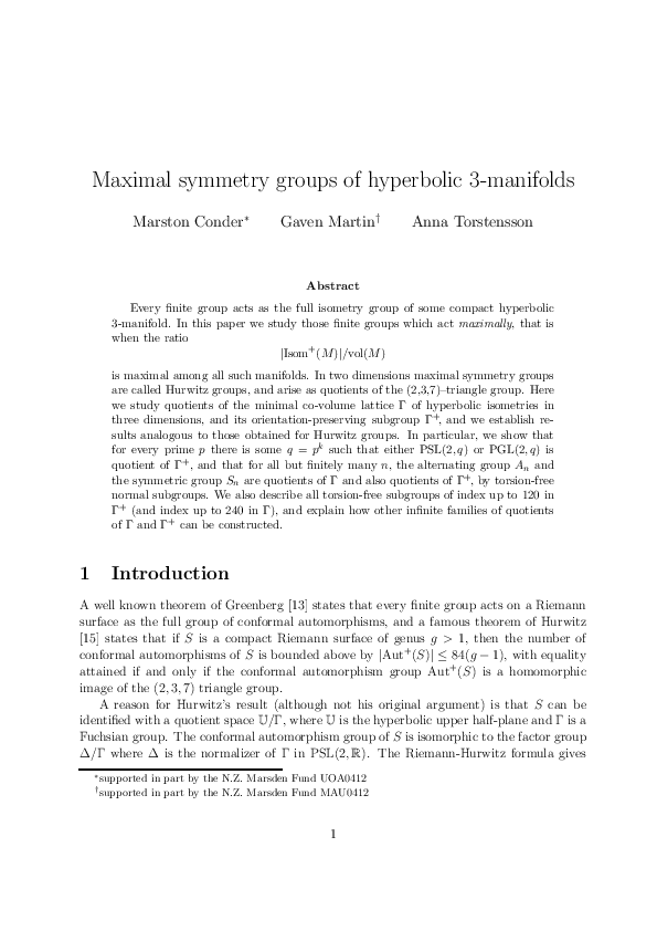 (PDF) Maximal symmetry groups of hyperbolic 3-manifolds | Gaven Martin ...