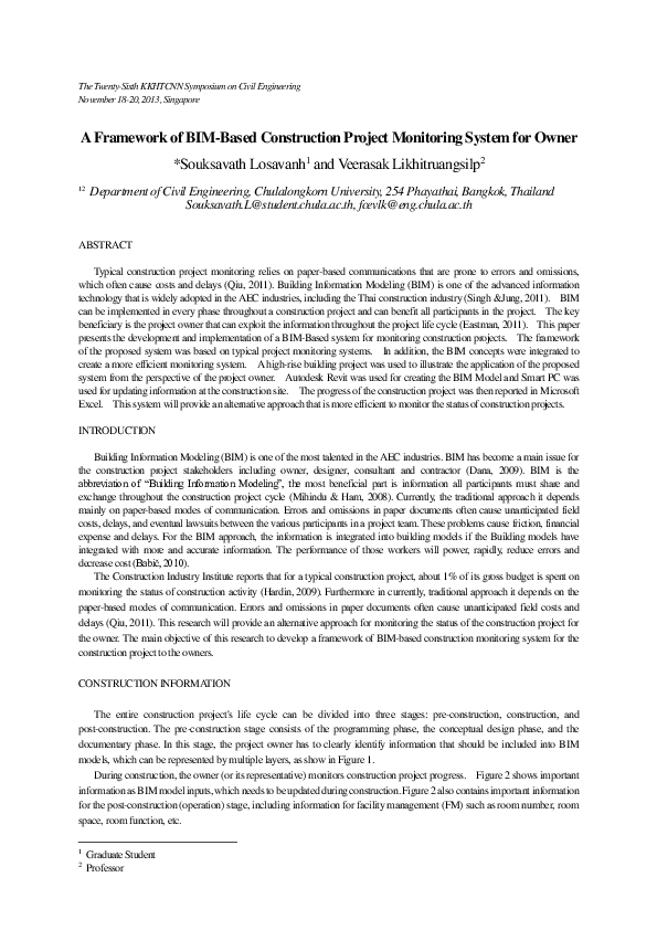 Pdf A Framework Of Bim Based Construction Project Monitoring System For Owner