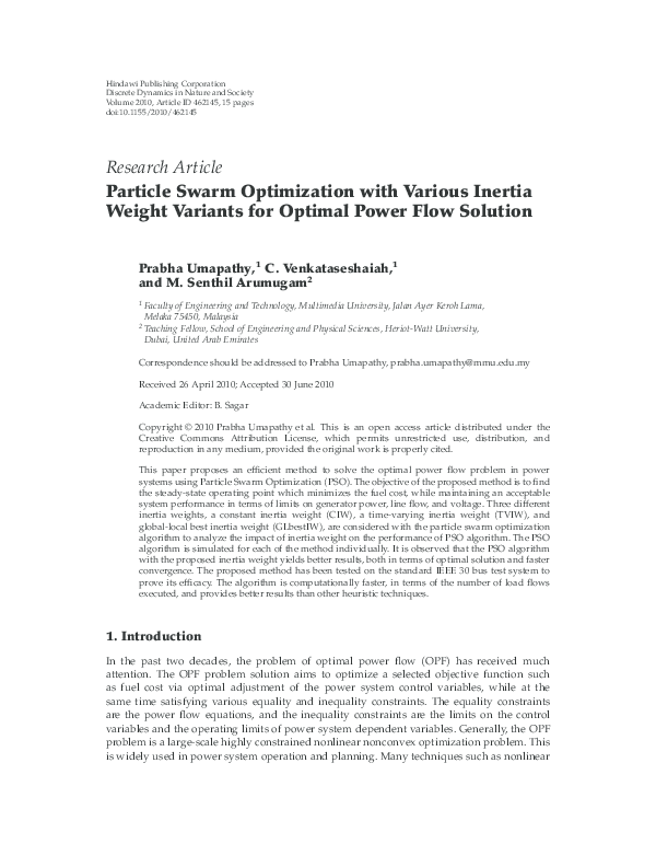 Pdf Particle Swarm Optimization With Various Inertia Weight Variants For Optimal Power Flow