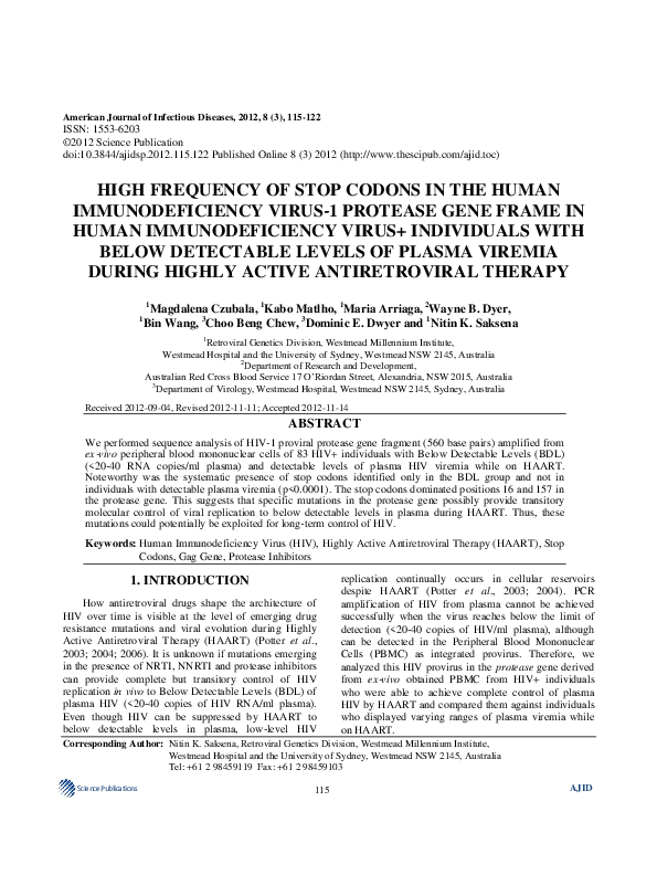 (PDF) HIGH FREQUENCY OF STOP CODONS IN THE HUMAN IMMUNODEFICIENCY VIRUS ...