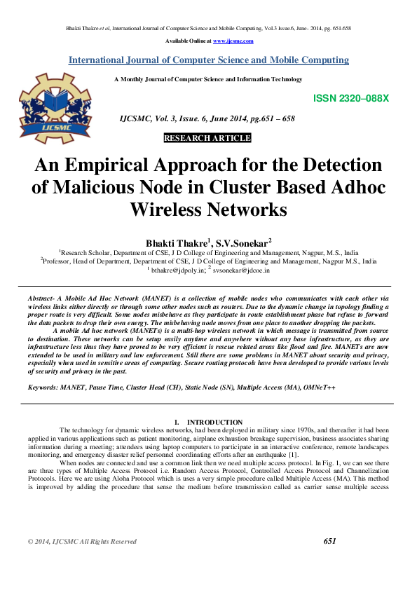 (PDF) An Empirical Approach for the Detection of Malicious Node in Cluster Based Adhoc Wireless ...