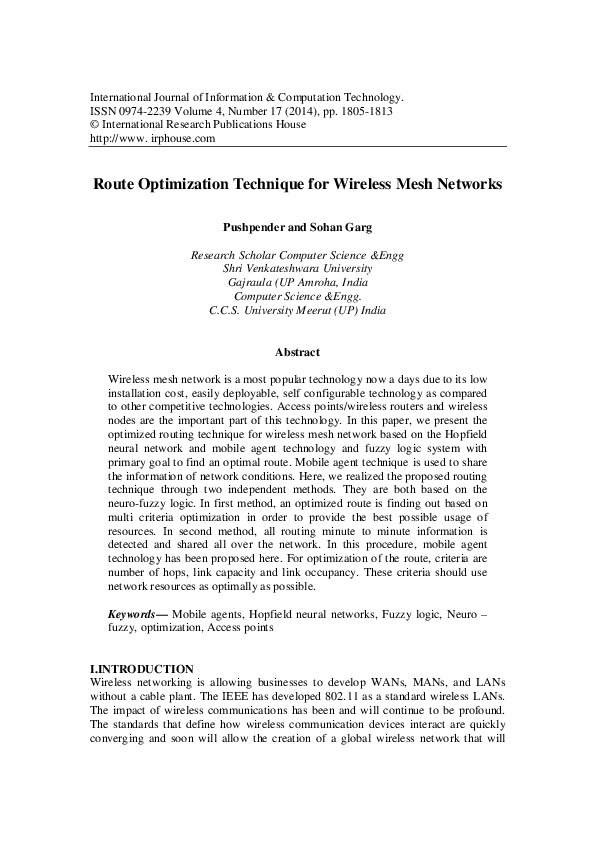 (PDF) Route Optimization Technique for Wireless Mesh Networks