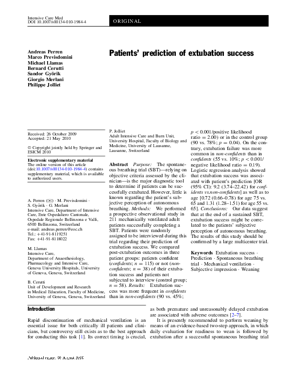 (PDF) Patients’ prediction of extubation success