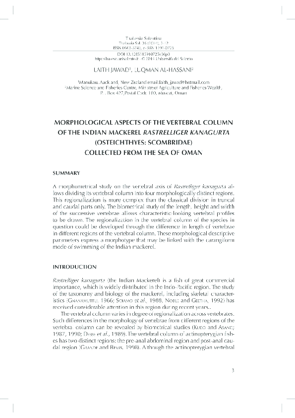 (PDF) Morphology of the vertebral column of RASTRELLIGER KANAGURTA