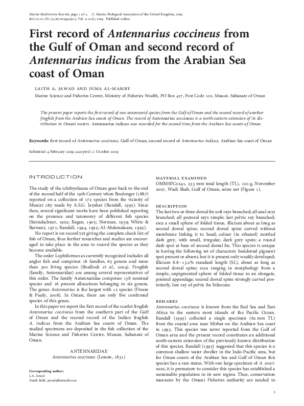 (PDF) First record of Antennarius coccineus from the Gulf of Oman and ...