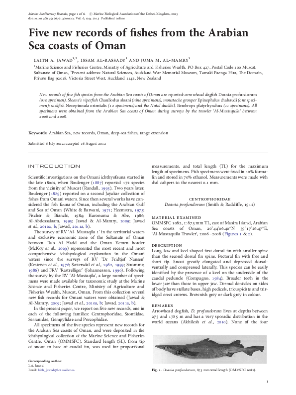 (PDF) Five new records of fishes from the Arabian Sea coasts of Oman