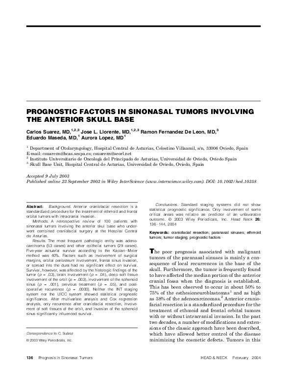 (PDF) Prognostic factors in sinonasal tumors involving the anterior skull base