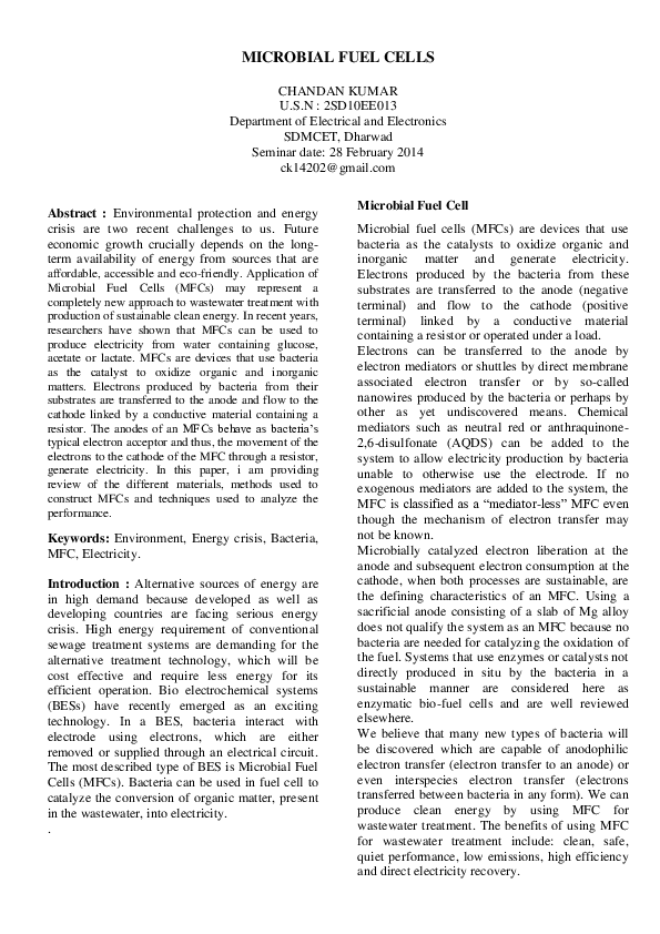 (DOC) MICROBIAL FUEL CELLS | Ãjïtàñshü Sīñgh - Academia.edu