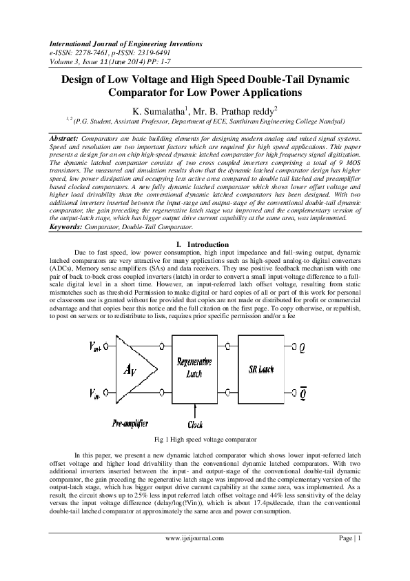 Pdf Design Of Low Voltage And High Speed Double Tail Dynamic Comparator For Low Power Applications