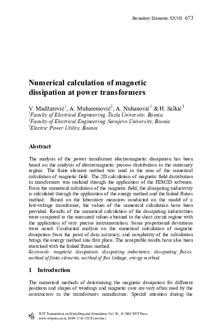 (PDF) Numerical calculation of magnetic dissipation at power transformers