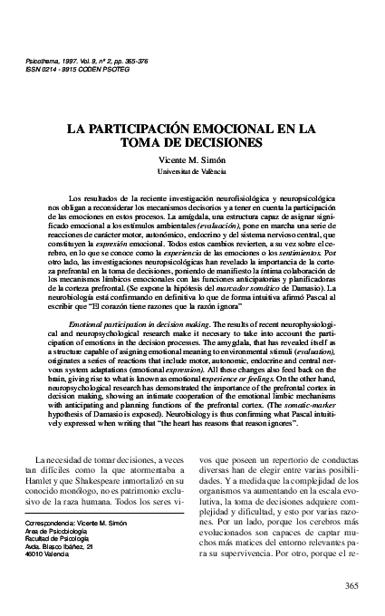 Pdf Las Emociones En La Toma De Decisiones Michael De Jose