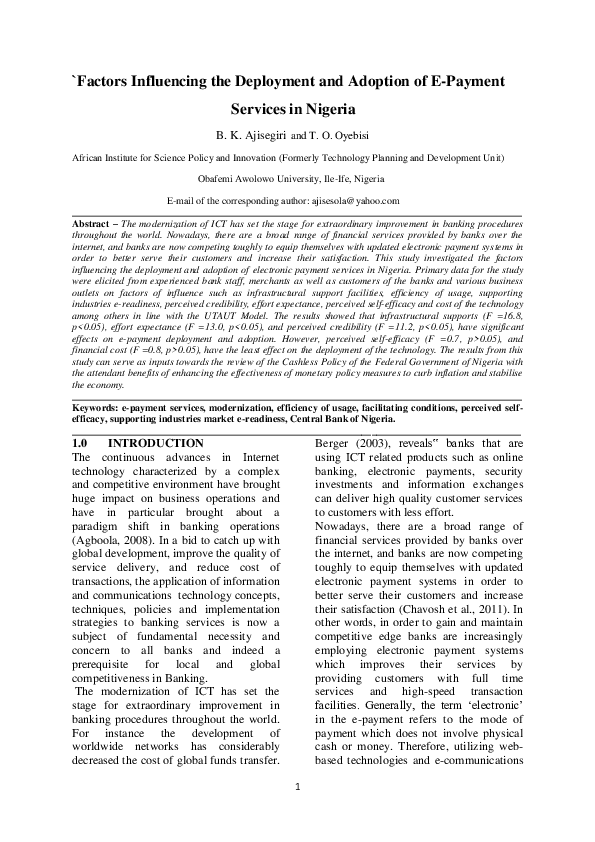 (PDF) `Factors Influencing the Deployment and Adoption of E-Payment Services in Nigeria'