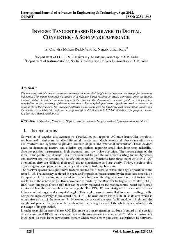 (PDF) INVERSE TANGENT BASED RESOLVER TO DIGITAL CONVERTER -A SOFTWARE APPROACH