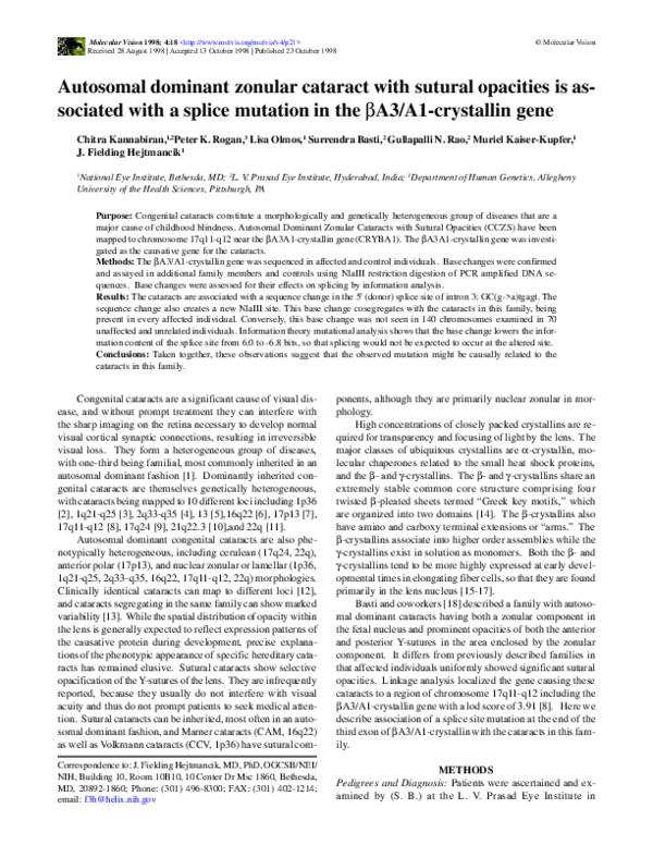 (PDF) Autosomal dominant zonular cataract with sutural opacities is as ...