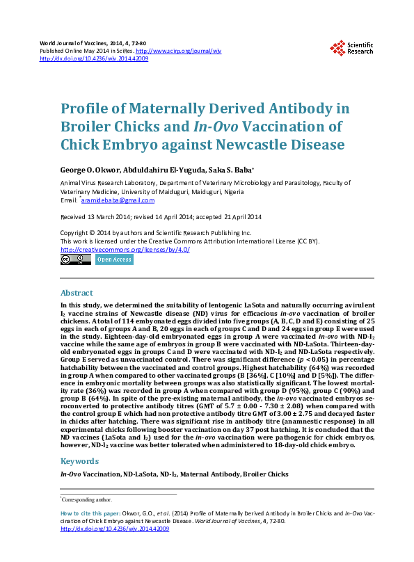 (PDF) Profile of Maternally Derived Antibody in Broiler Chicks and In ...