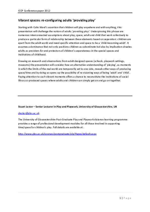 (PDF) Lester, S (2012) Vibrant spaces: re-configuring adults ‘providing ...