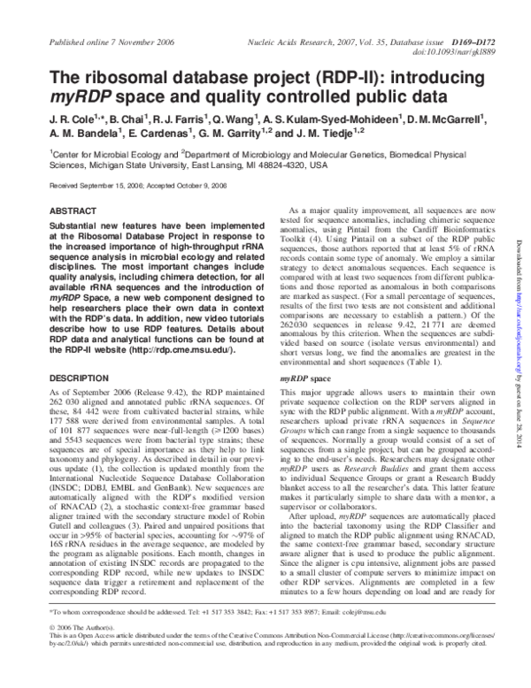 (PDF) The ribosomal database project (RDP-II): introducing myRDP space ...
