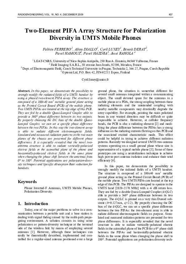 (PDF) Two-Element PIFA Array Structure for Polarization Diversity in UMTS Mobile Phones