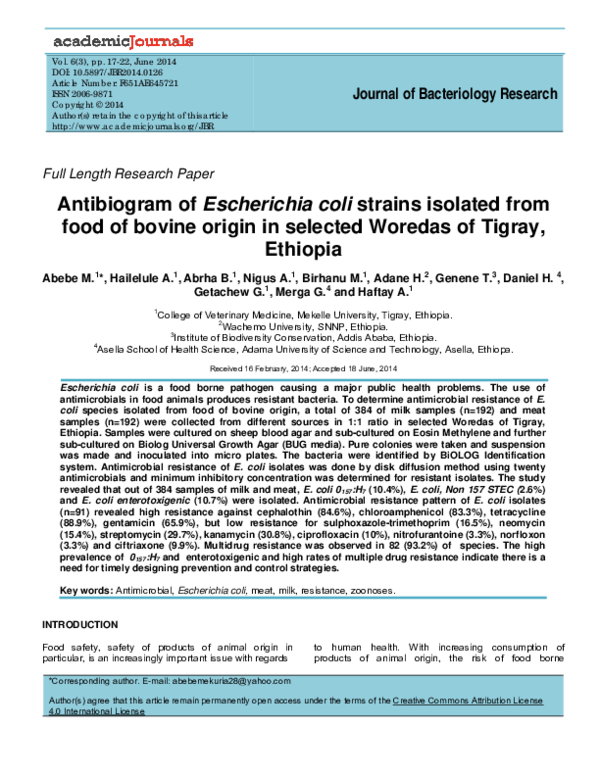 (PDF) Antibiogram of Escherichia coli strains isolated from food of ...