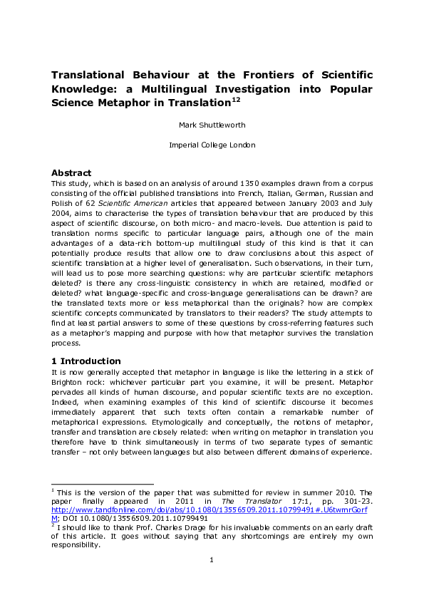 (PDF) Translational Behaviour at the Frontiers of Scientific Knowledge ...
