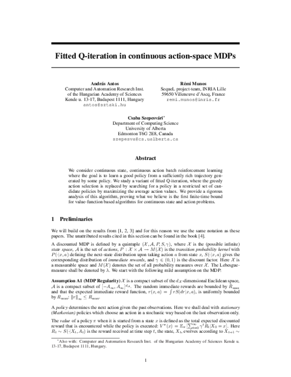 (PDF) Fitted Q-iteration in continuous action-space MDPs