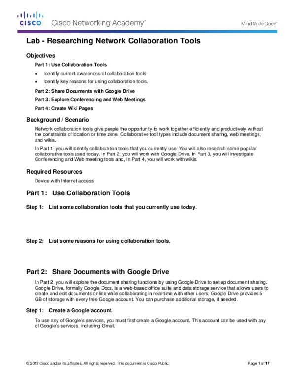 (PDF) Lab -Researching Network Collaboration Tools Objectives Part 2: Share Documents with ...