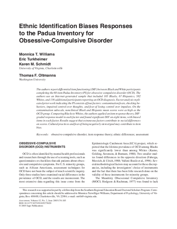 (PDF) Ethnic Identification Biases Responses to the Padua Inventory for ...