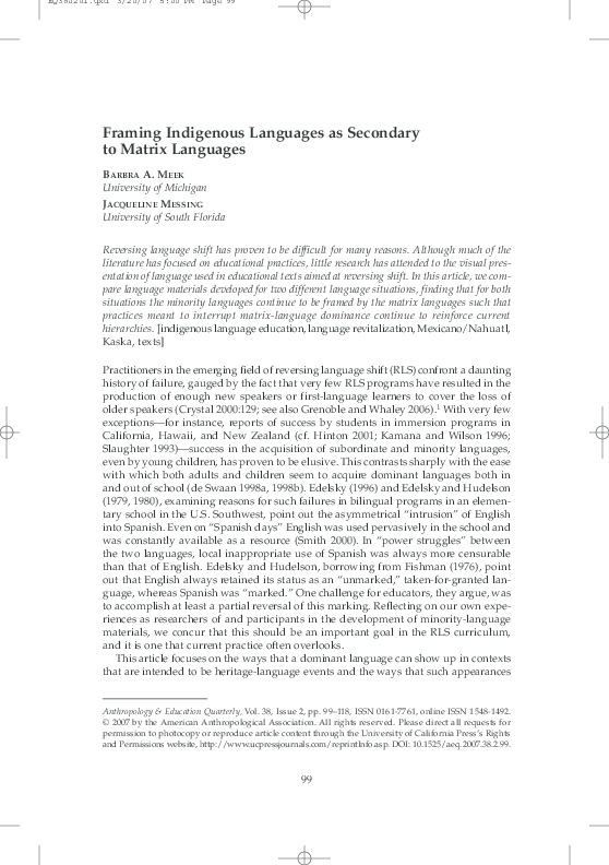 (PDF) Framing Indigenous Languages as Secondary to Matrix Languages