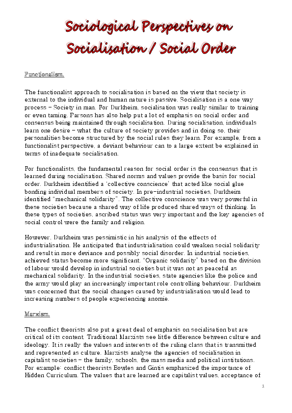 (DOC) Sociological Perspectives On Socialisation & Social Order