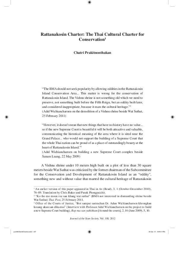 (PDF) Rattanakosin Charter: The Thai cultural charter for conservation