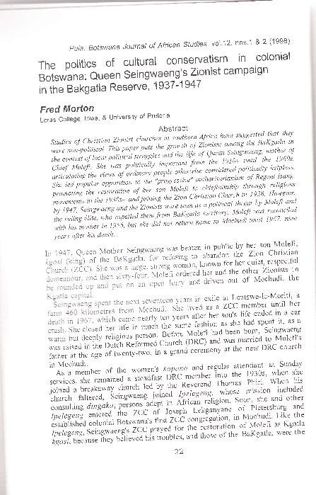 (PDF) The politics of cultural conservatism in colonial Botswana: Queen ...