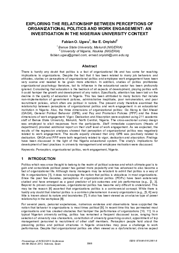 (PDF) EXPLORING THE RELATIONSHIP BETWEEN PERCEPTIONS OF ORGANIZATIONAL POLITICS AND WORK ...