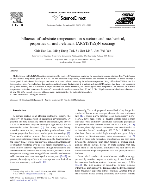 (PDF) Influence of substrate temperature on structure and mechanical properties of multi-element ...