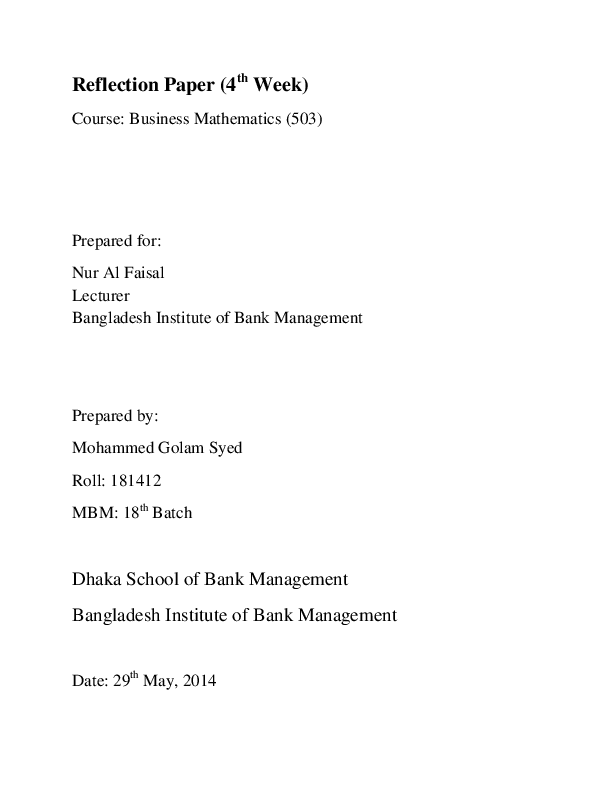 (DOC) Reflection Paper (4th Week) Course: Business Mathematics (503