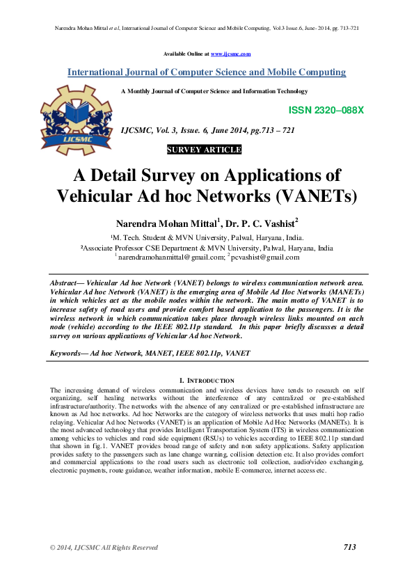 Pdf A Detail Survey On Applications Of Vehicular Ad Hoc Networks Vanets ﻿