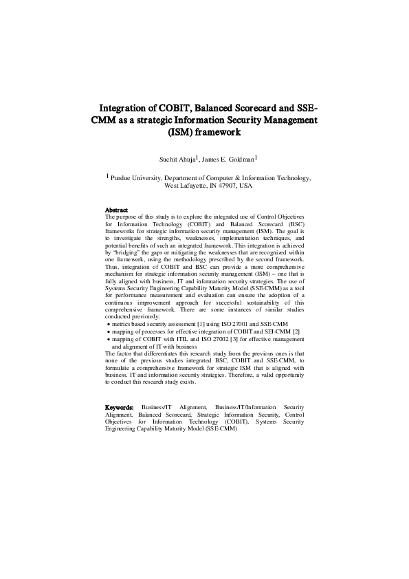 (PDF) Integration of COBIT, Balanced Scor ecar d and SSE- CMM as a ...
