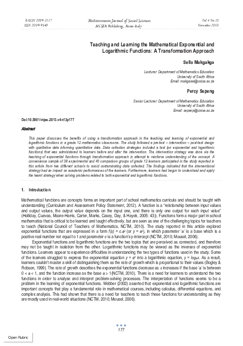 (PDF) Teaching and learning the mathematical exponential and logarithmic functions: A ...