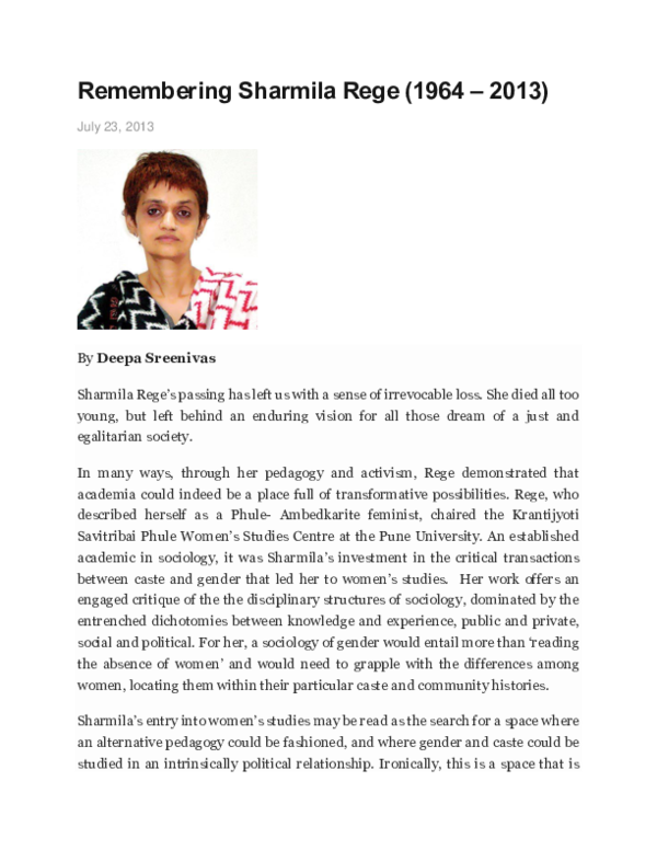 (PDF) Remembering Sharmila Rege (1964 – 2013)
