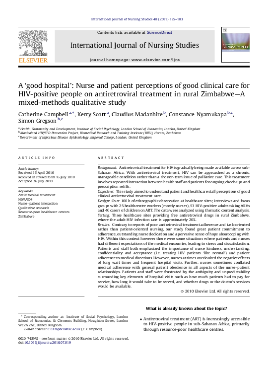 (PDF) A ‘good hospital’: nurse and patient perceptions of good clinical ...