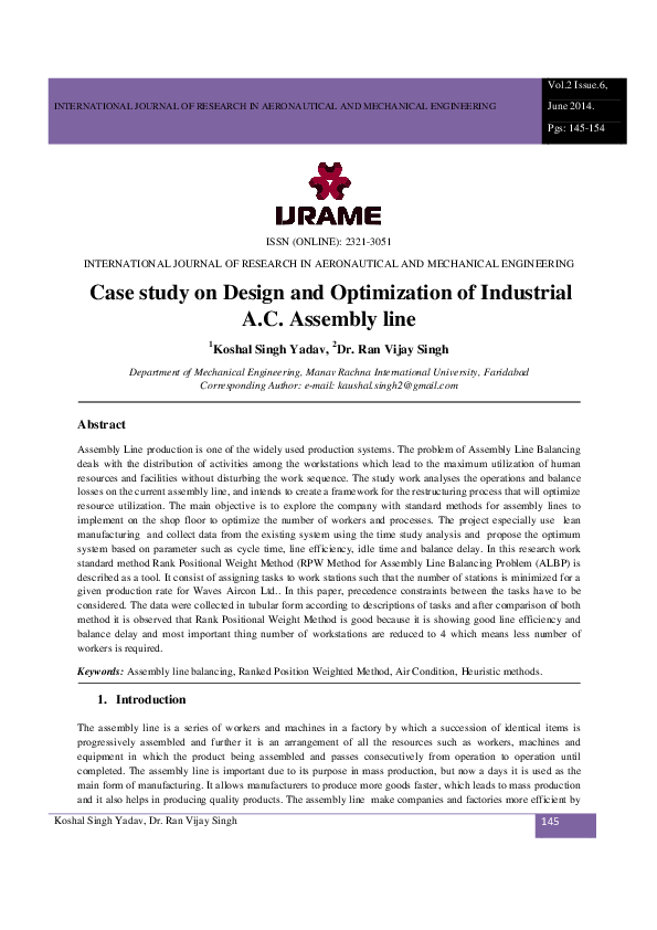 (PDF) Case study on Design and Optimization of Industrial A.C. Assembly line